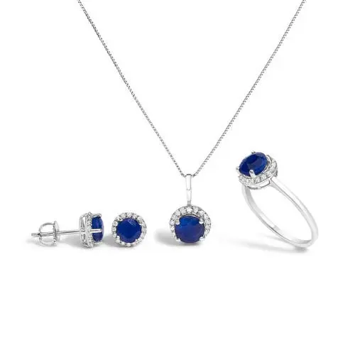 HAUS OF BRILLIANCE 10k Gold Gemstone And Diamond Halo Jewelry Set - White | Blue Sapphire